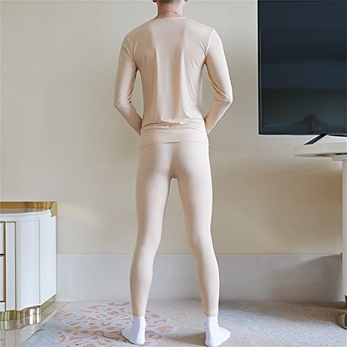 IYUNYI Men's Thermal Underwear Set, Ice Silk Feeling Long Johns, Winter Thin Base Layer Top & Bottom Nude