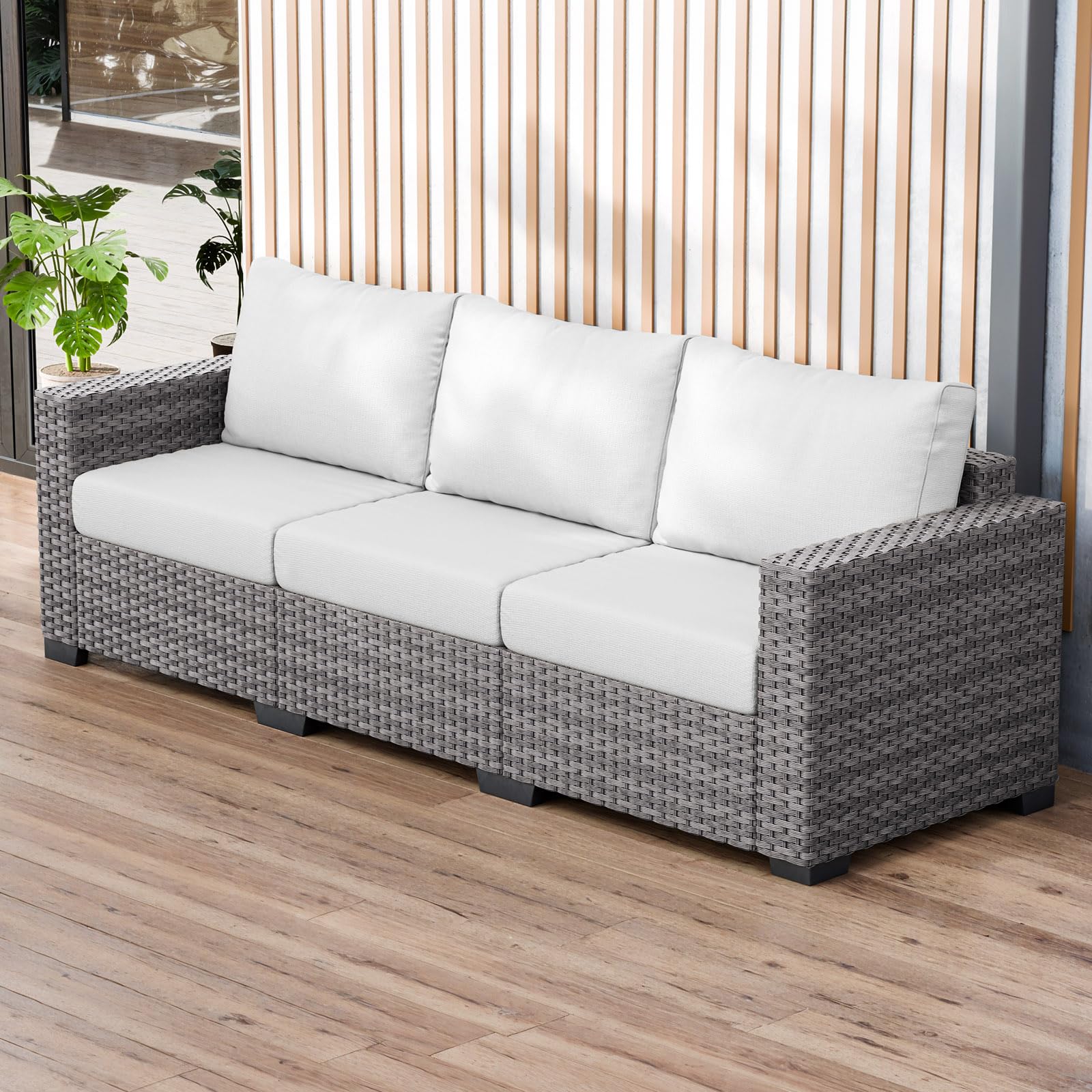 Outdoor Wicker Patio Couch, Large Deep 3 Seats Gray Rattan Sofa for Porch Deck Yard Backyard, Gray Cushions