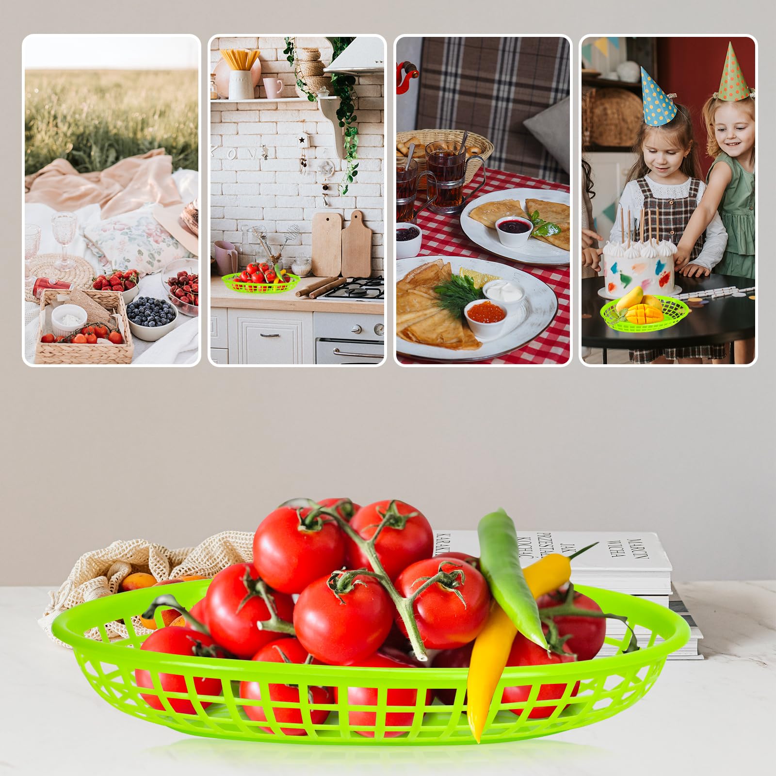 GothaBach 24 Pack Fast Food Baskets, Plastic Fast Food Restaurant Baskets, Bread Fry Baskets Serving Tray for Hot Dogs, Chicken, Burgers, Sandwiches, Fries(Green)