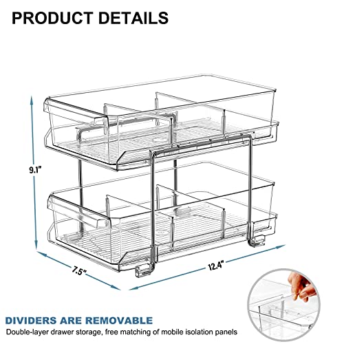 shopwithgreen 2 Tier Clear Organizers and Storage with Dividers, Pull Out Under Sink Organizer, Multi-Purpose Drawer Basket, Kitchen Bathroom Countertop Vanity, Medicine Cabinet Office Storage Bins