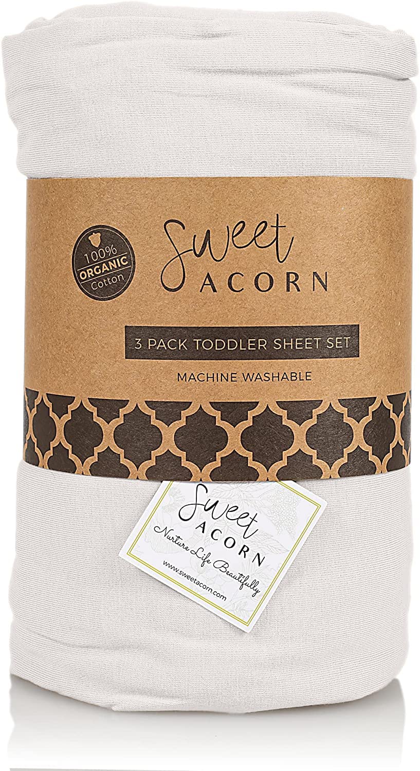 Sweet Acorn 3 Piece Toddler Bedding Sets - Organic Cotton Jersey Knit - Fits Convertible Cribs and Mattresses - 9" x 28" x 52" - Salt White