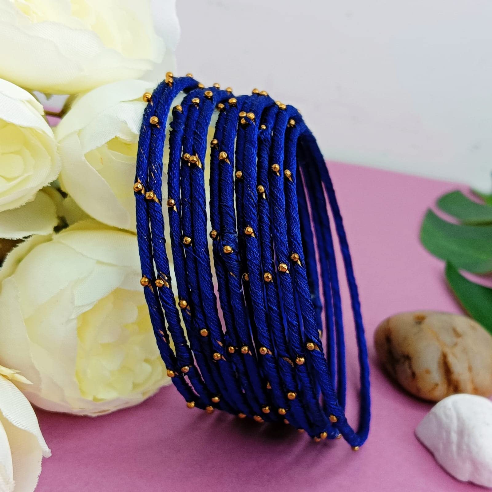 Efulgenz Fashion Jewelry Indian Bollywood Gold Plated Beaded Blue Silk Thread Wedding Bridal Bracelet Bangle Set (12 Pcs)