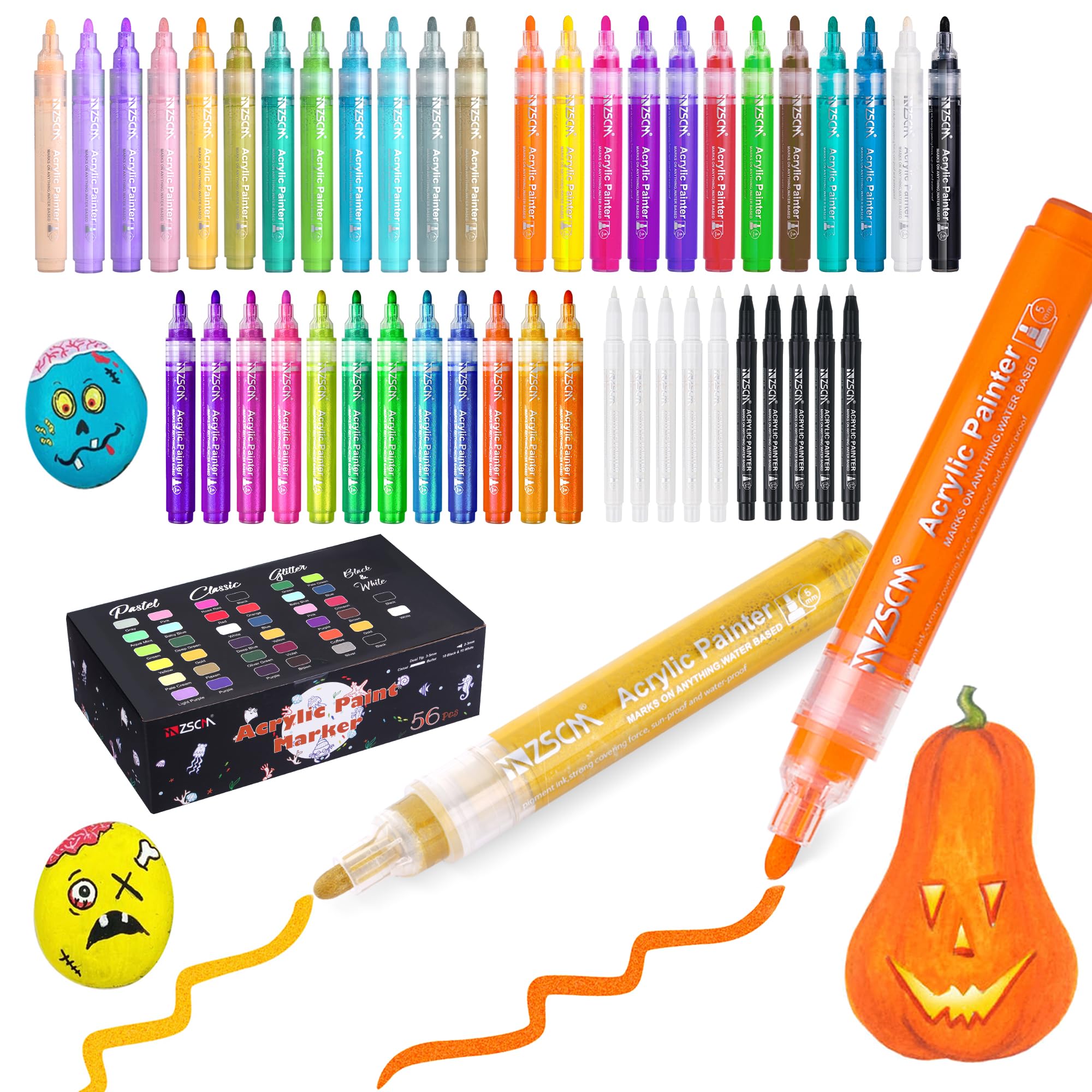 Paint Pens Acrylic Markers, ZSCM 56 Colors Paint Markers for Halloween Pumpkin Painting, Metallic Art Marker, for Adults Card Making, Rocks Painting, Wood Slices, School Supplies