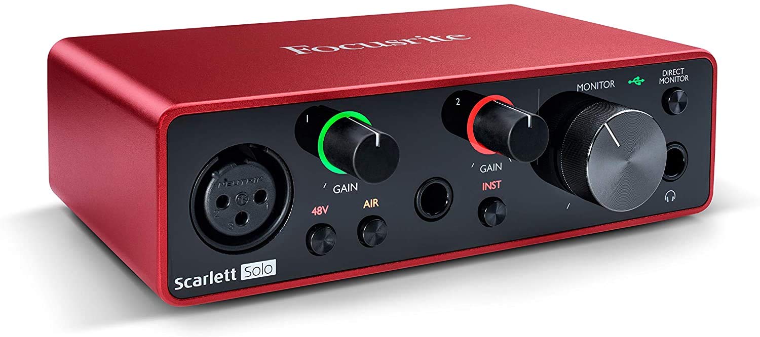 Focusrite Scarlett Solo 2x2 USB Audio Interface Full Studio Bundle with Creative Music Production Software Kit and Eris 4.5 Pair Studio Monitors and 1/4β Instrument Cables