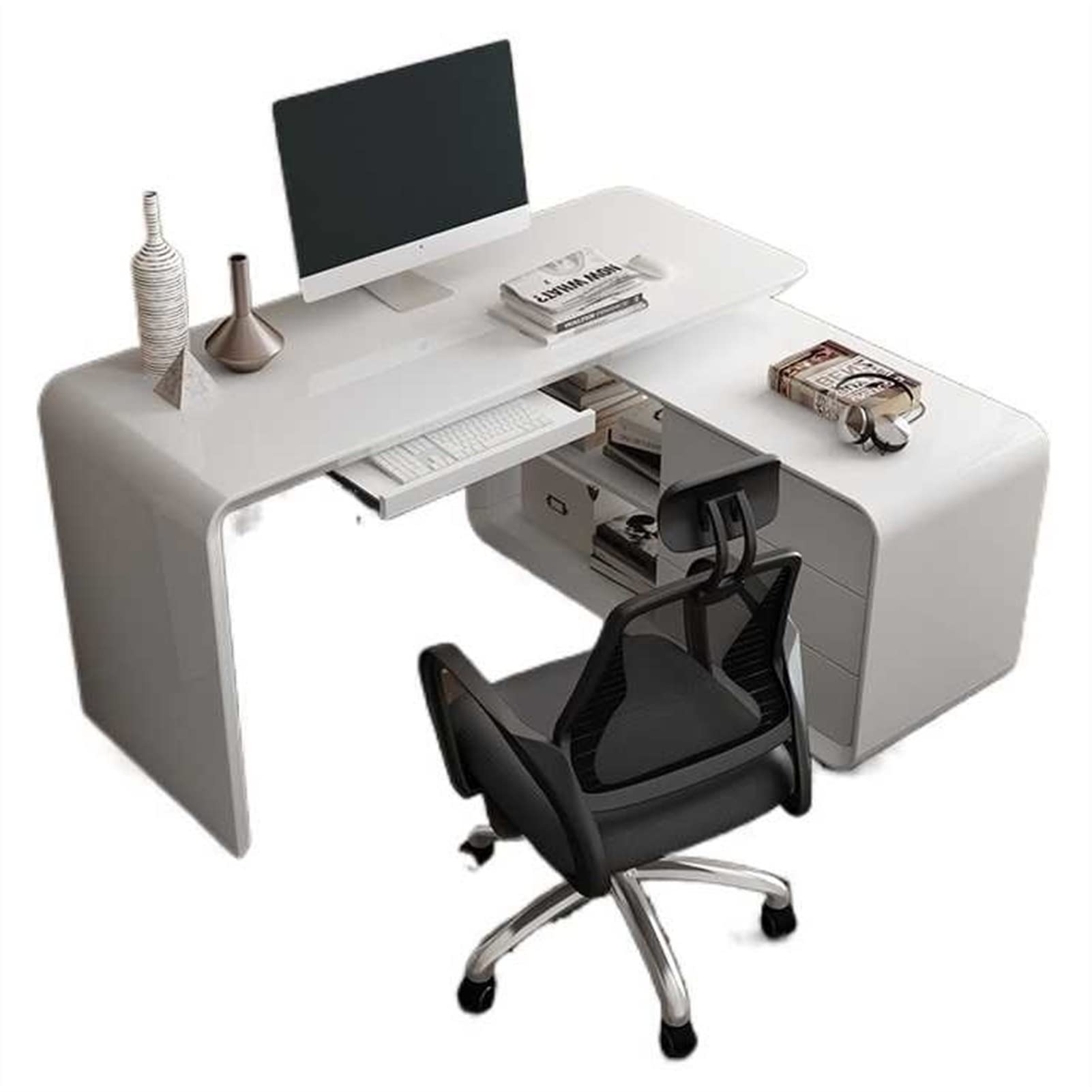 GRFIT Compuer Desk Modern Stylish Multifunctional PC Desk White Corner Table with Bookshelves and Drawers Laptop Workstation Writing Desk with Keyboard Tray PC Desk