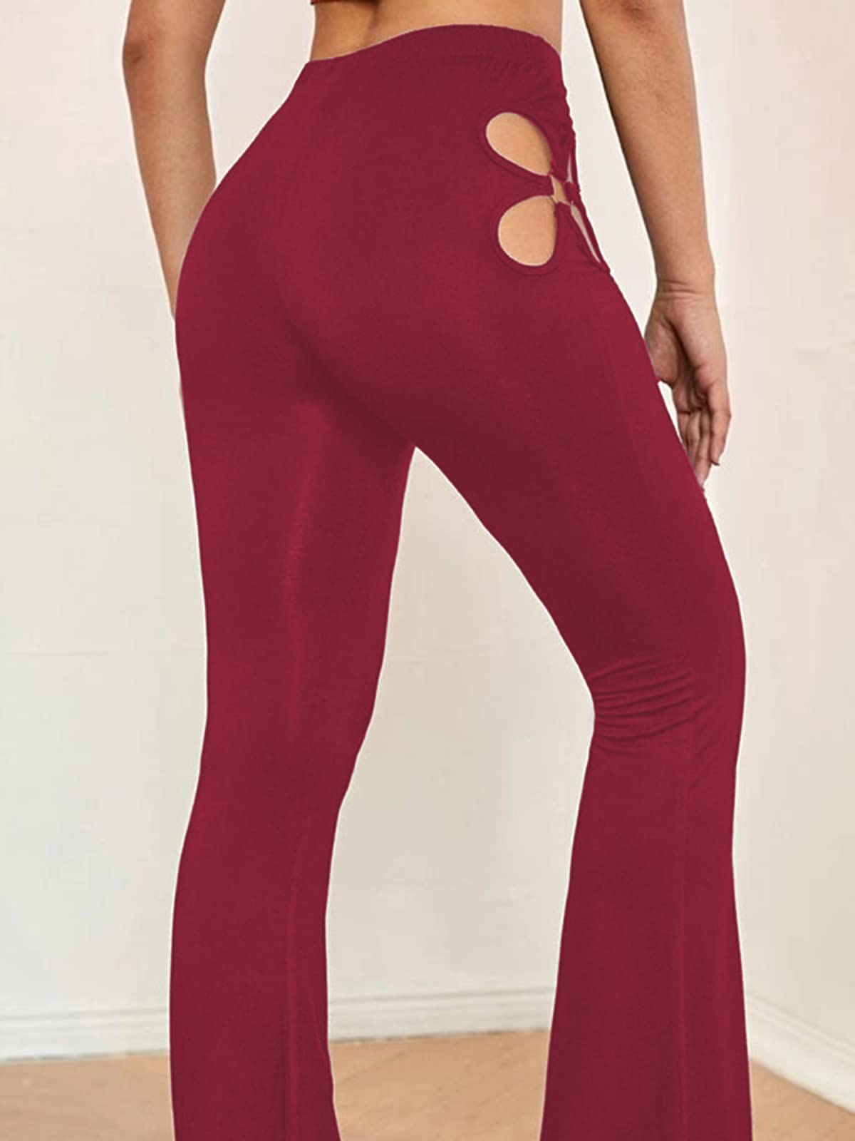 Hilinker Women's Cut Out High Waisted Pants Ladder Bootcut Night Out Stretch Flare Pants Wine Red X-Large