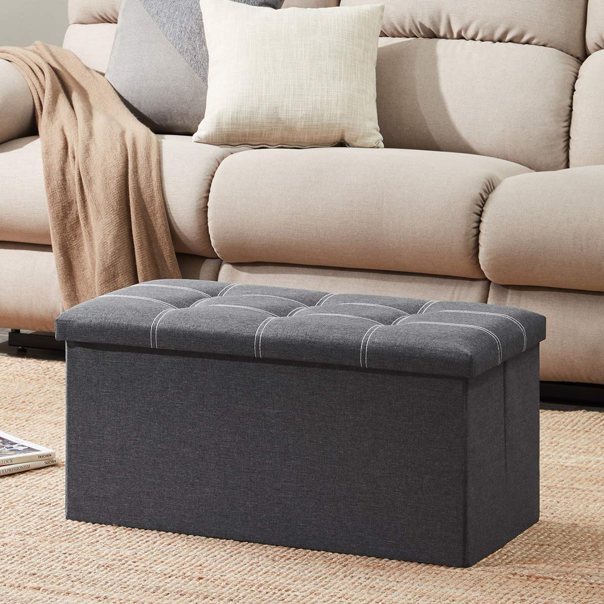 YOUDENOVA 43 Inches Folding Storage Ottoman Bench, Ottoman with Storage Footrest for Living Room, Bed End Bench Chest Seat with Divider, Faux Leather Grey