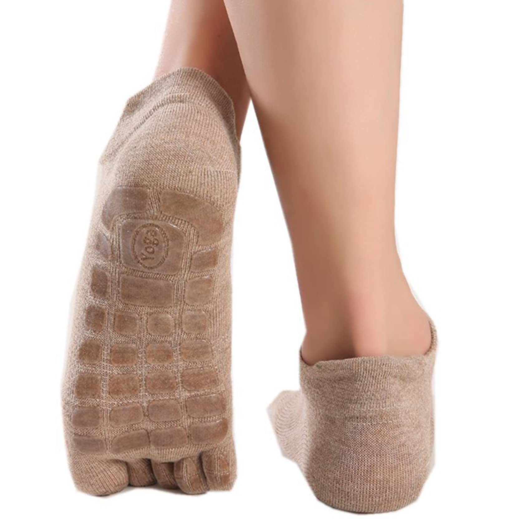 Hsakess Toe Socks No Show Running Socks Cotton Ballet Dance Five Finger Socks for Men Women Barre Pilates,Khaki
