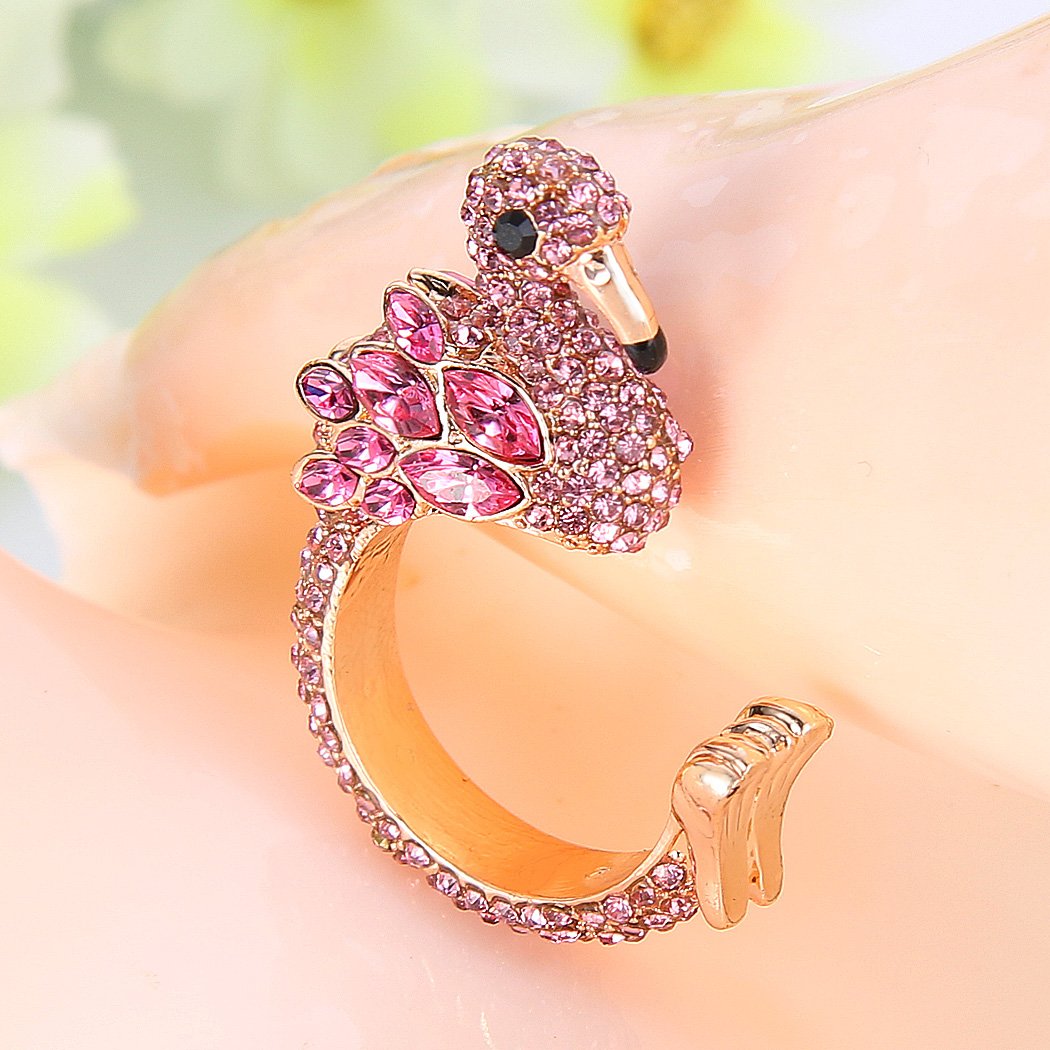 EVER FAITH Gold-Tone Austrian Crystal Lovely Little Flamingo Statement Cuff Ring Pink Size 7