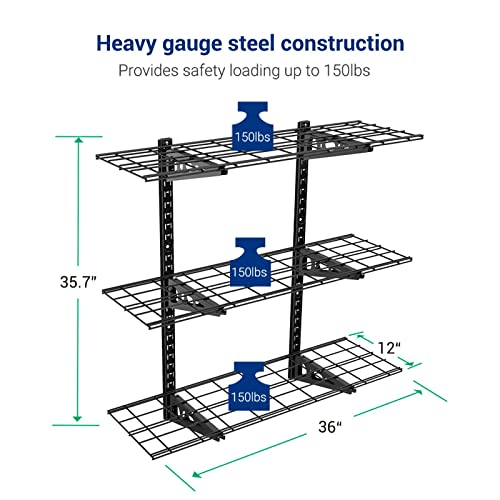 Fleximounts 3-Tier 1x3ft Garage Storage Wall Shelving 12-inch-by-36-inch per shelf Height adjustable Floating Shelves (Black)