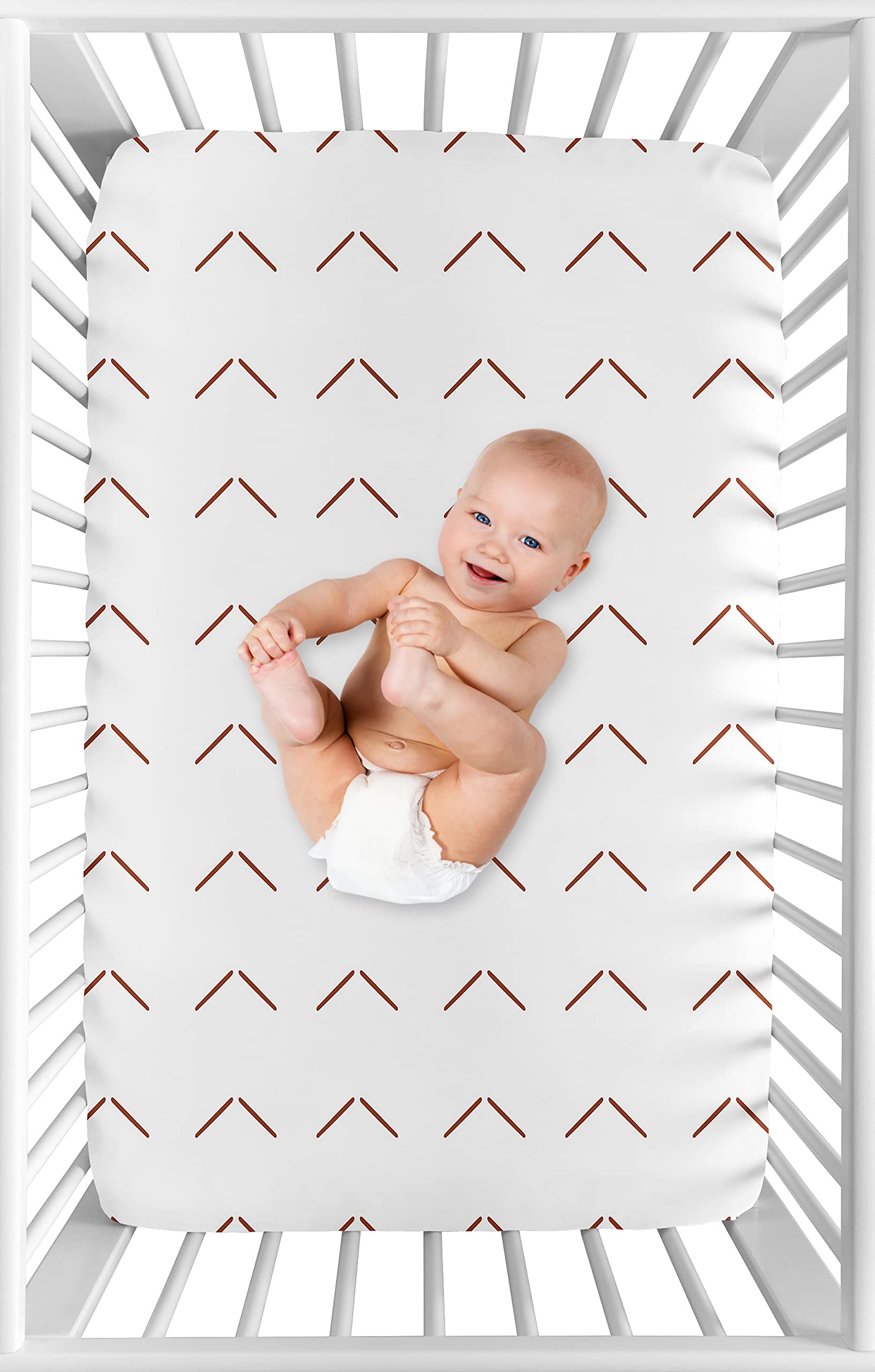 Sweet Jojo Designs Orange Arrow Boy Girl Fitted Mini Crib Sheet Baby Nursery Portable Crib Pack Play - Rust White Chevron Geometric Herringbone Mod Dino Modern Dinosaur Boho Dinosaurs Gender Neutral