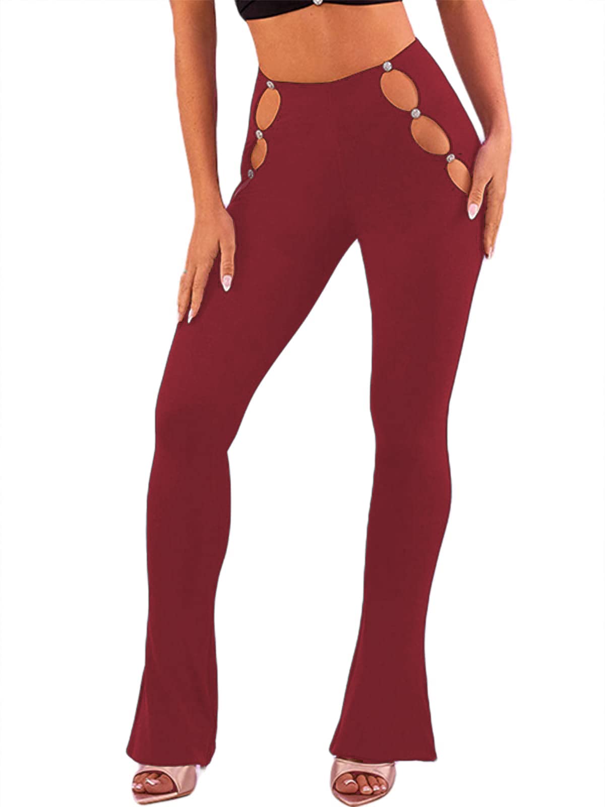 Hilinker Women's High Waisted Flare Long Pants Cut Out Bootcut Flare Yoga Pants Wine Red Small