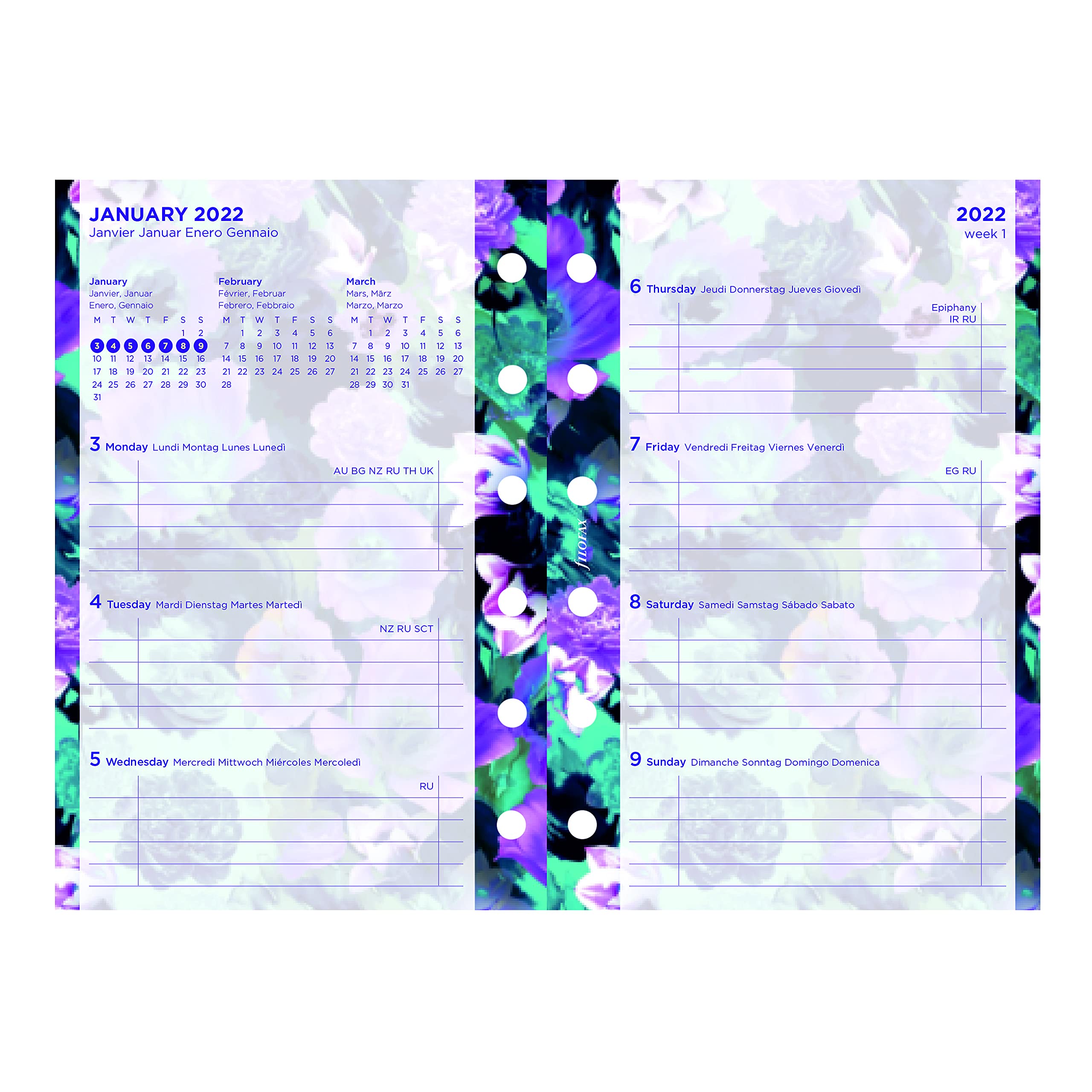 Filofax Refill, Pocket Size, Week-to-View, Illustrated Floral Diary Pack with Four-Color Print Design, Multilingual: Five Languages, 2022 (C6321-22)
