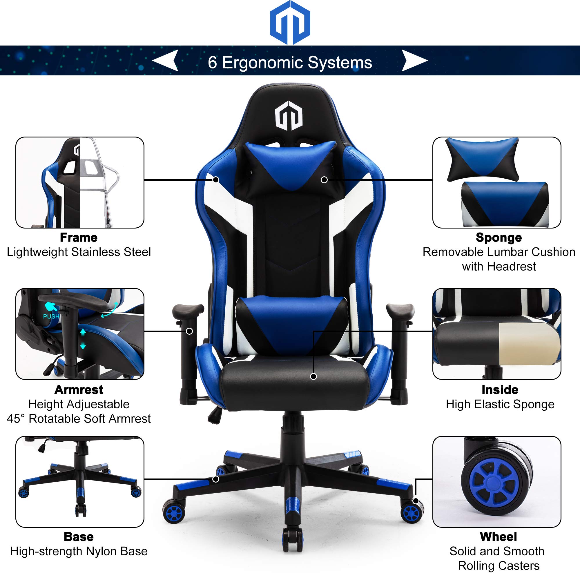 GOTMINSI Racing Gaming Chair, Adjustable High-Back Office Chair, Ergonomic Computer E-Sports Chair with PU Leather Headrest and Lumbar Support. (BK/Blue)