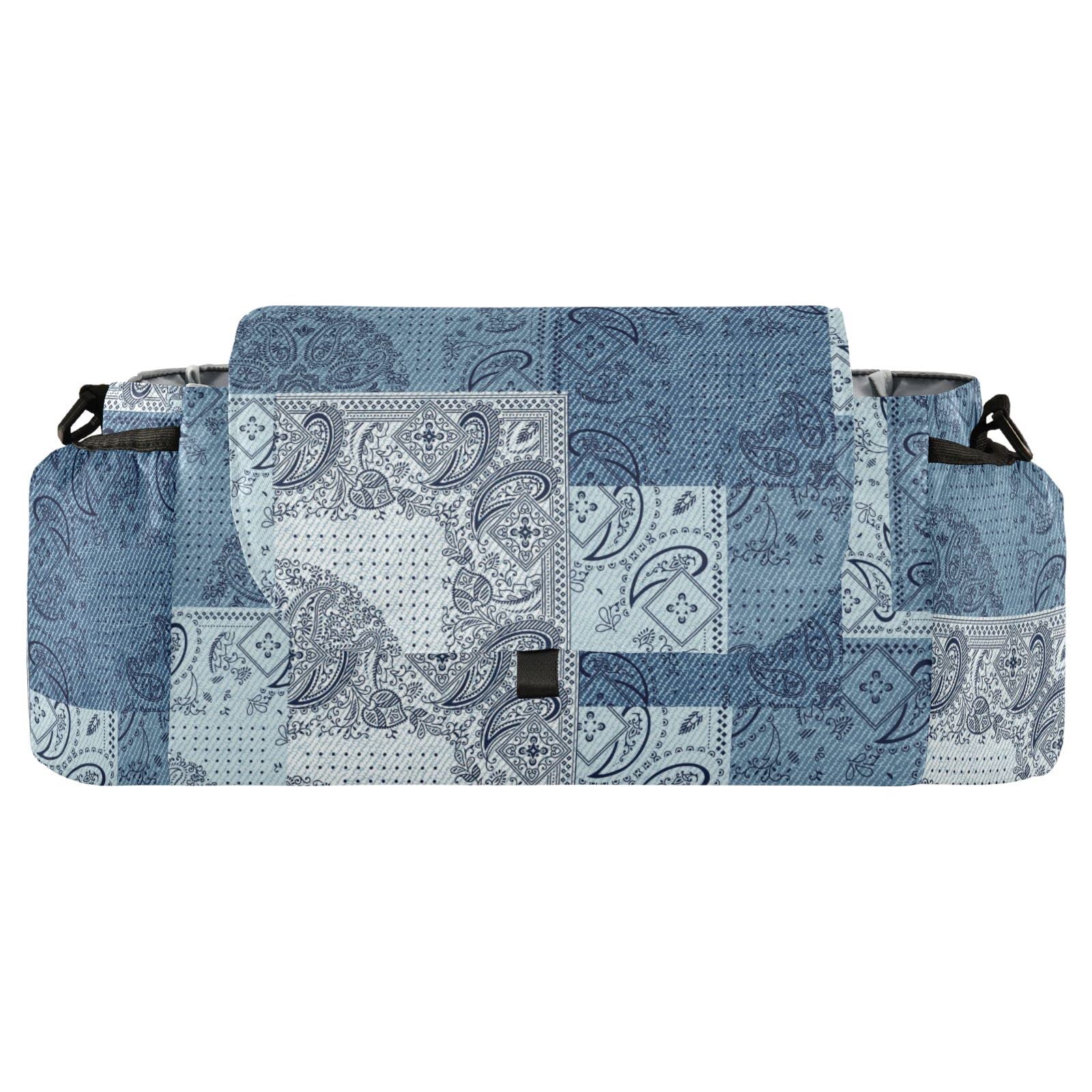 Kigai Denim Patchwork Paisley Baby Stroller Organizer with Cup Holders, Secure Hooks Accessories Adjustable Strap Stroller Bag for Bottle, Diaper, Phone, Toys, Baby Items