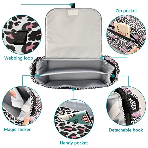 Kigai Pink Butterfly and Leopard Baby Stroller Organizer with Cup Holders, Secure Hooks Accessories Adjustable Strap Stroller Bag for Bottle, Diaper, Phone, Toys, Baby Items