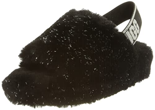 UGG Women's Fluff Yeah Metallic Sparkle Slipper, Black, 8
