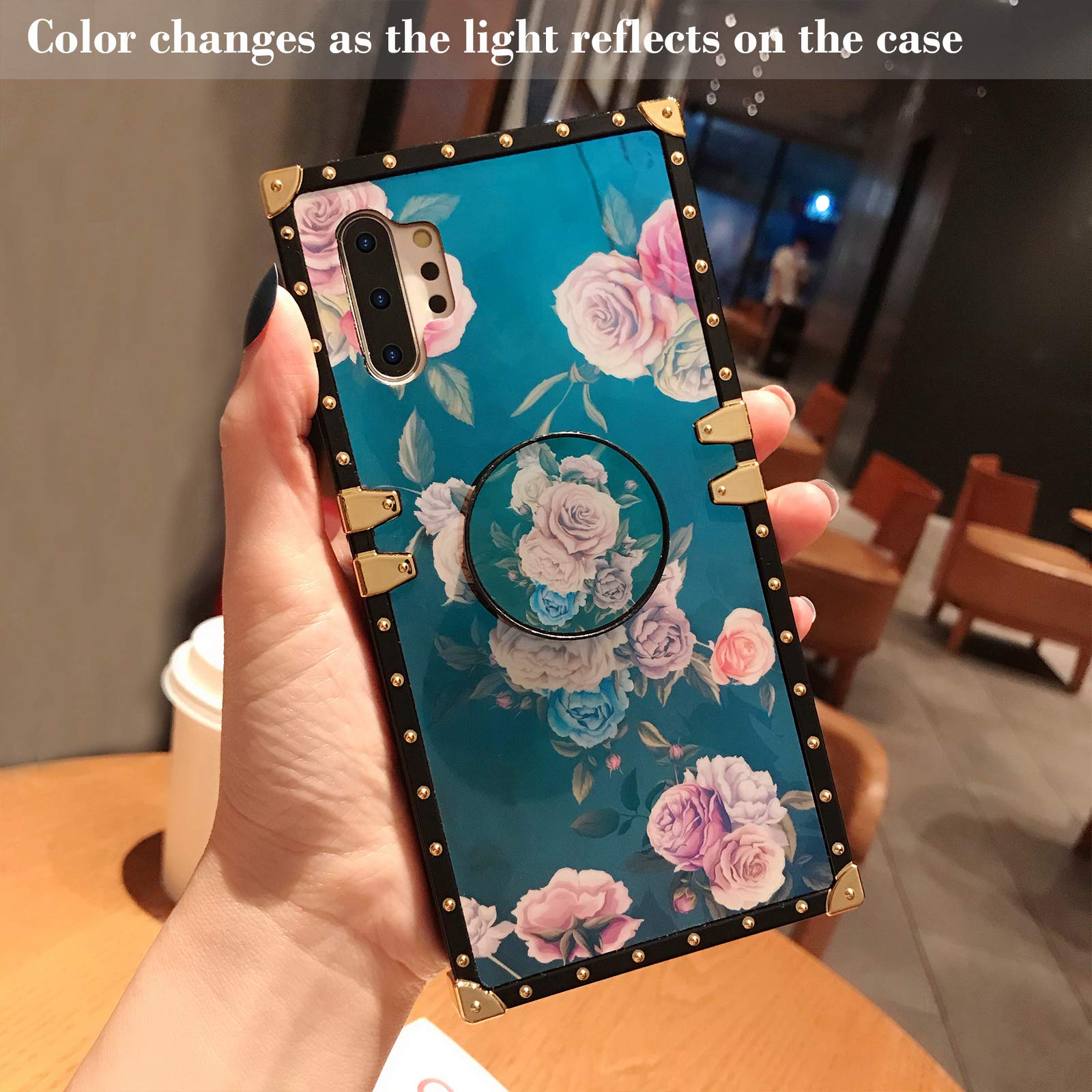 Galaxy Note 10 Plus 5G Square Case with Stand Holder Rose Floral Flower Luxury Elegant Soft TPU Shockproof Protective Metal Decoration Corner Back Phone Case Women Girls Lady for Galaxy Note 10+ 5G