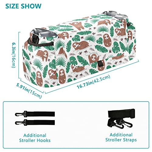 Kigai Sloth Palm Leaves Baby Stroller Organizer with Cup Holders, Secure Hooks Accessories Adjustable Strap Stroller Bag for Bottle, Diaper, Phone, Toys, Baby Items