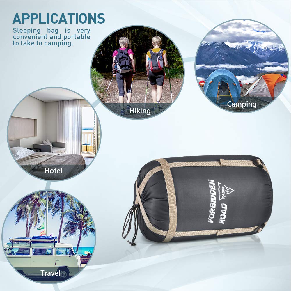 Forbidden Road Portable Single Sleep Bag for Camping Hiking Backpacking - Compression Bag Included (Black, 0 ℃ / 30 ℉)