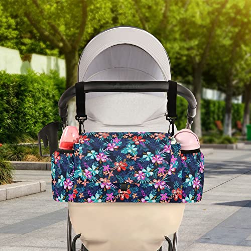 Kigai Tropical Palm Flower Baby Stroller Organizer with Cup Holders, Secure Hooks Accessories Adjustable Strap Stroller Bag for Bottle, Diaper, Phone, Toys, Baby Items