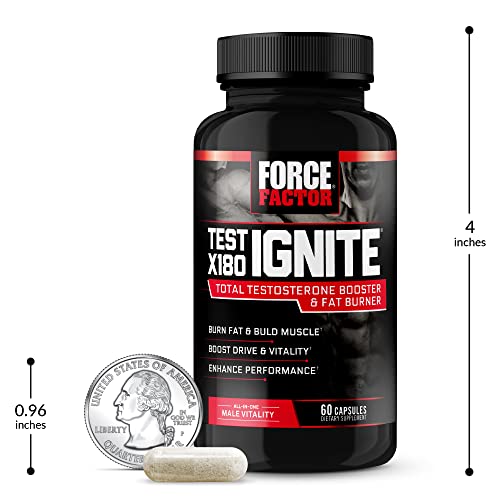 FORCE FACTOR Test X180 Ignite Testosterone Booster for Men, Testosterone Support Supplement to Help Burn Fat, Boost Vitality, and Increase Energy, 60 Capsules