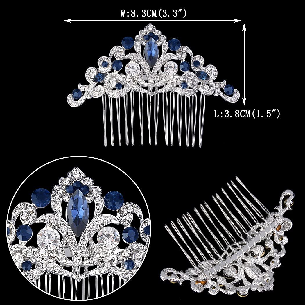 EVER FAITH Austrian Crystal Art Deco Flower Vine Wedding Prom Hair Comb fro Women Bride Bridesmaids Navy Blue Silver-Tone