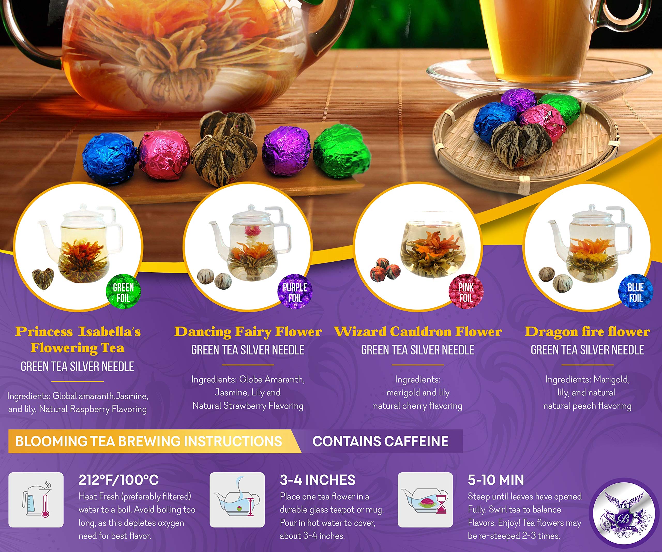 Fairy Garden Blooming Tea Flowers - Variety Pack Includes 4 Different Flavors - 12 Flowering Tea Balls In Total-Naturally Flavored Flowering Tea - Blooming Tea Fruit Wrapped to Preserve Freshness