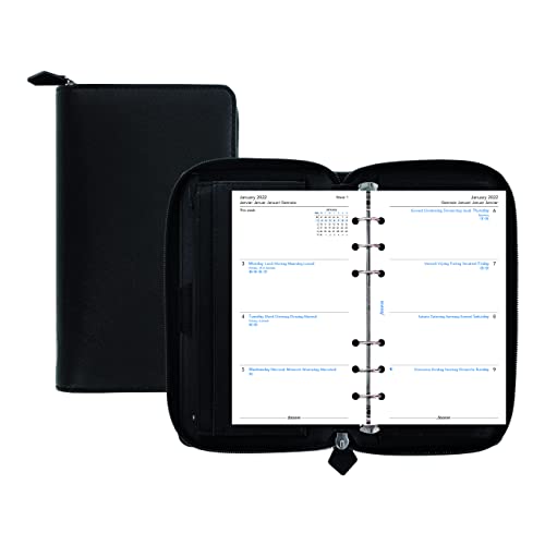 Filofax Saffiano Zip Organizer, Personal Compact Size, Black - Cross-Grain, Leather-Look, Six Rings, Week-to-View Calendar Diary, Multilingual, 2022 (C028775-22)