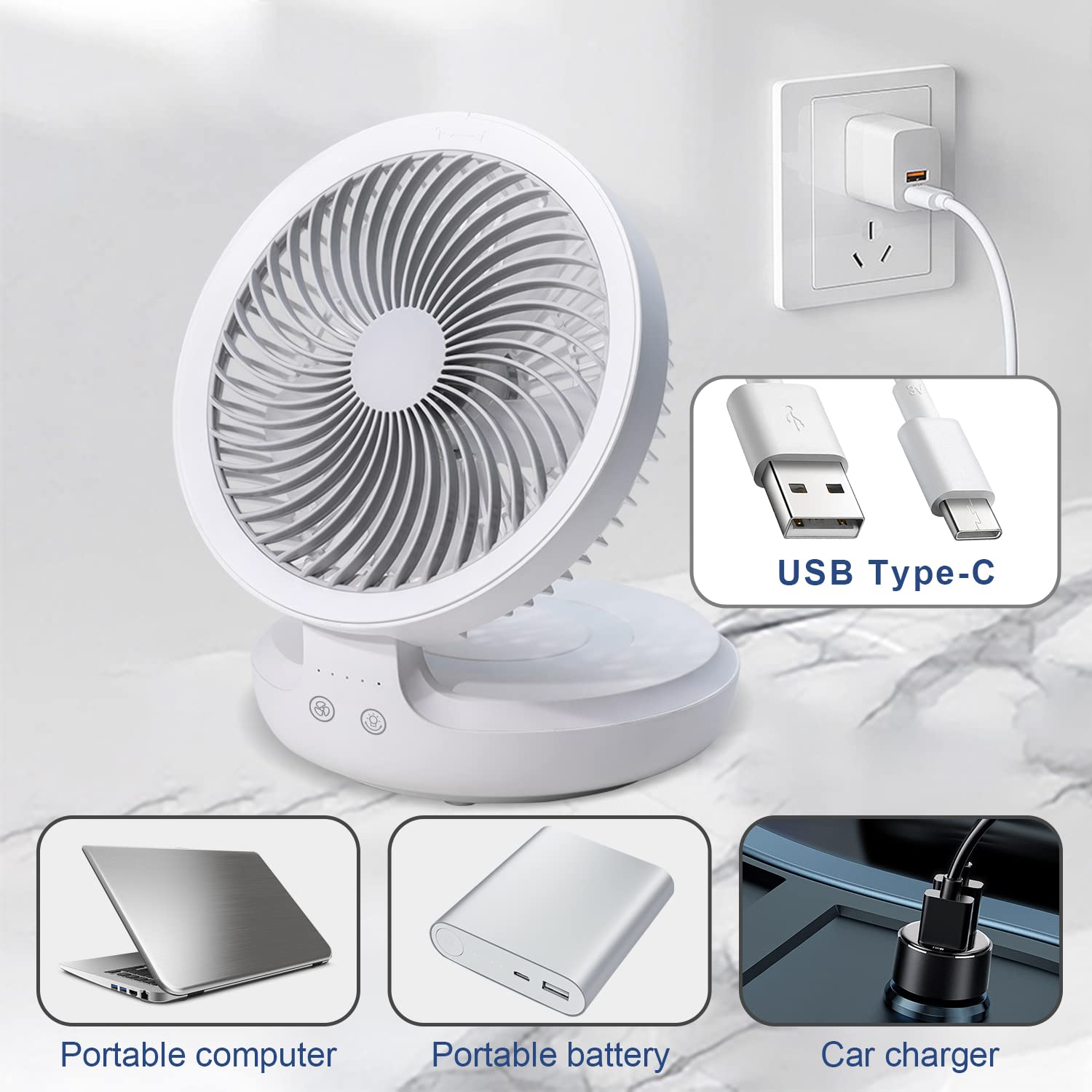EDON Table Fan, Rechargeable Battery Operated Desk Fan with Auto Oscillation 90 Foldable Ultra Quiet 4 Speeds Light, Portable Air Circulator Fan with Hook, Wall Fan for Bedroom Home Desktop