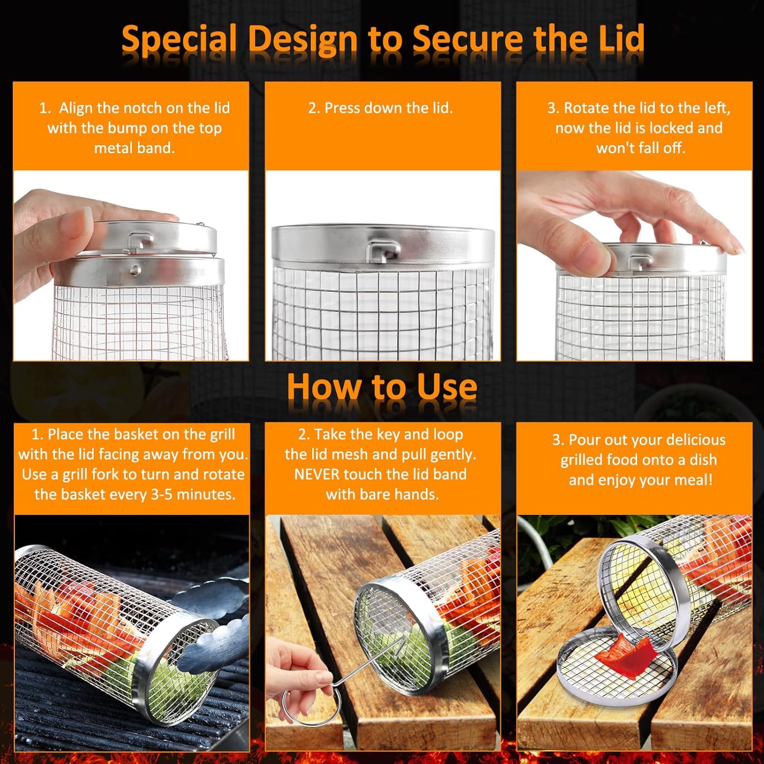 Grill Basket 2 PCS, BBQ Grill Basket, Rolling Grilling Basket, Stainless Steel Grill Mesh Barbeque Grill Accessories, Portable Grill Baskets for Outdoor Grill for Fish, Shrimp, Meat, Vegetables, Fries