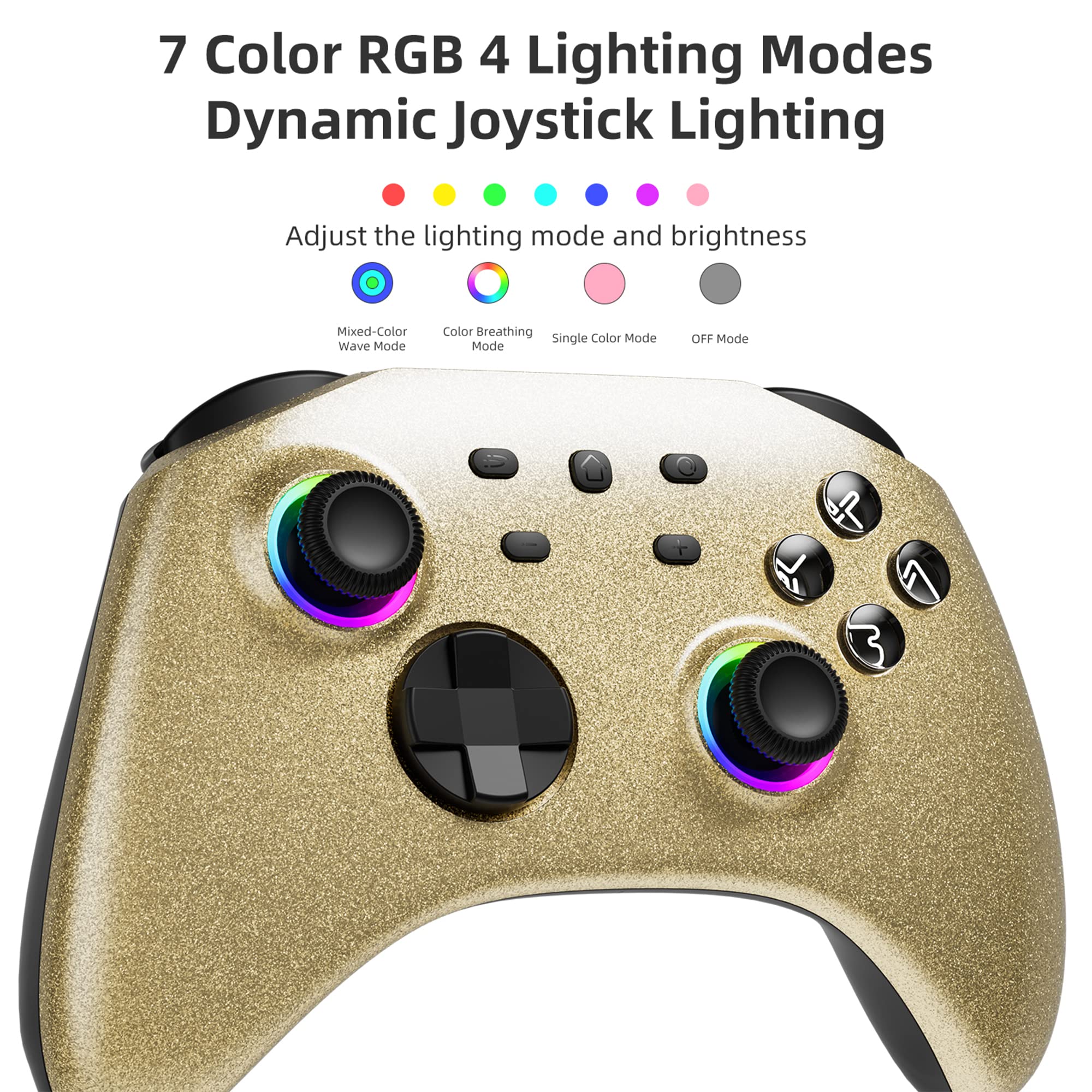 Gold Wireless Switch Controller for Switch/OLED/Lite Steam Deck, Pro Controller with Turbo, Motion, Vibration, Wake-Up, Headphone Jack and Dynamic Joystick RGB Lighting, Gaming Genshin Impact