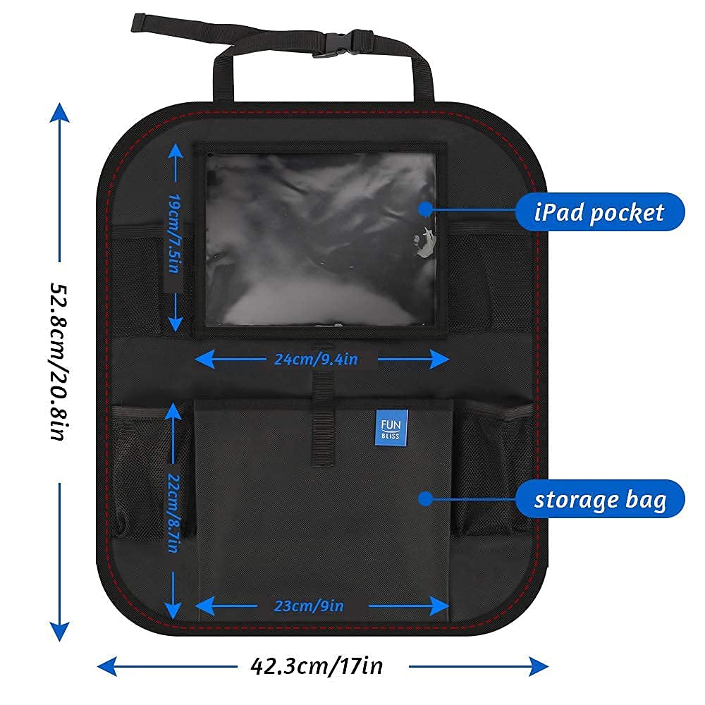 Funbliss Car Backseat Organizer -Kick Mat Seat Protector,Suitable for Mini IPad,7.9 Screen,Premium 600D Oxford Waterproof Fabric，2 Pack Black
