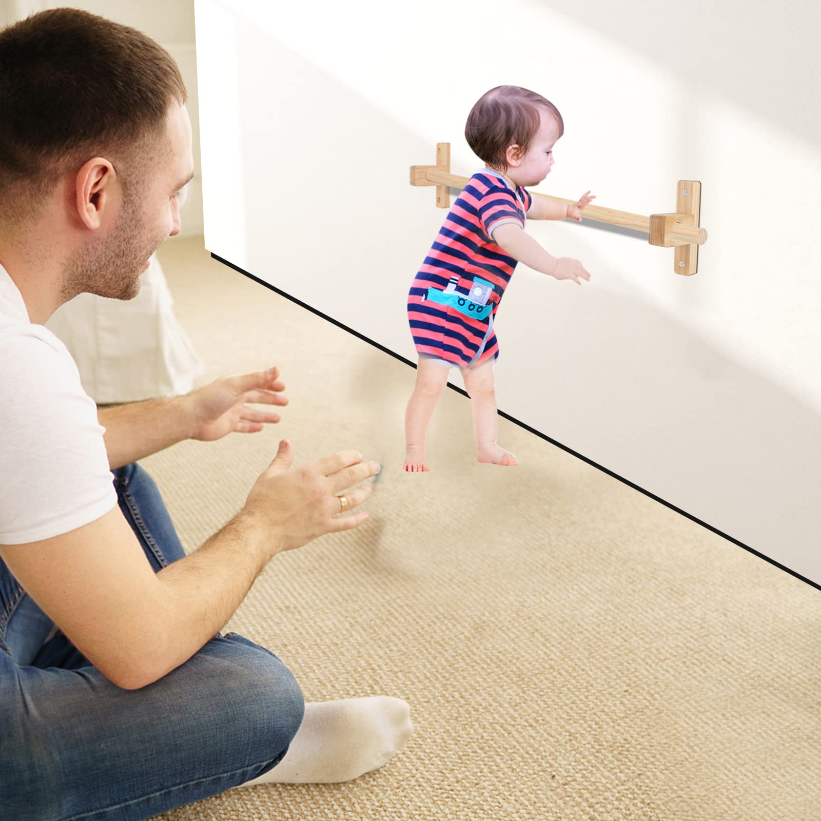 Montessori Pull Up Bar for Infants, 36 Inch Adjustable Wooden Baby Pull Up Bar is Suitable for Babies 6-18 Months