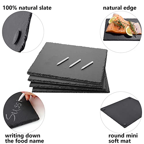 MAPRIAL 12 x 10 In 4 Pack Slate Cheese Boards, Black Stone Plates Charcuterie Boards Gourmet Serving Tray Cheese Platter Display Chalkboard with Soapstone Chalk for Sushi, Party, Gift, Meat, Appetizer