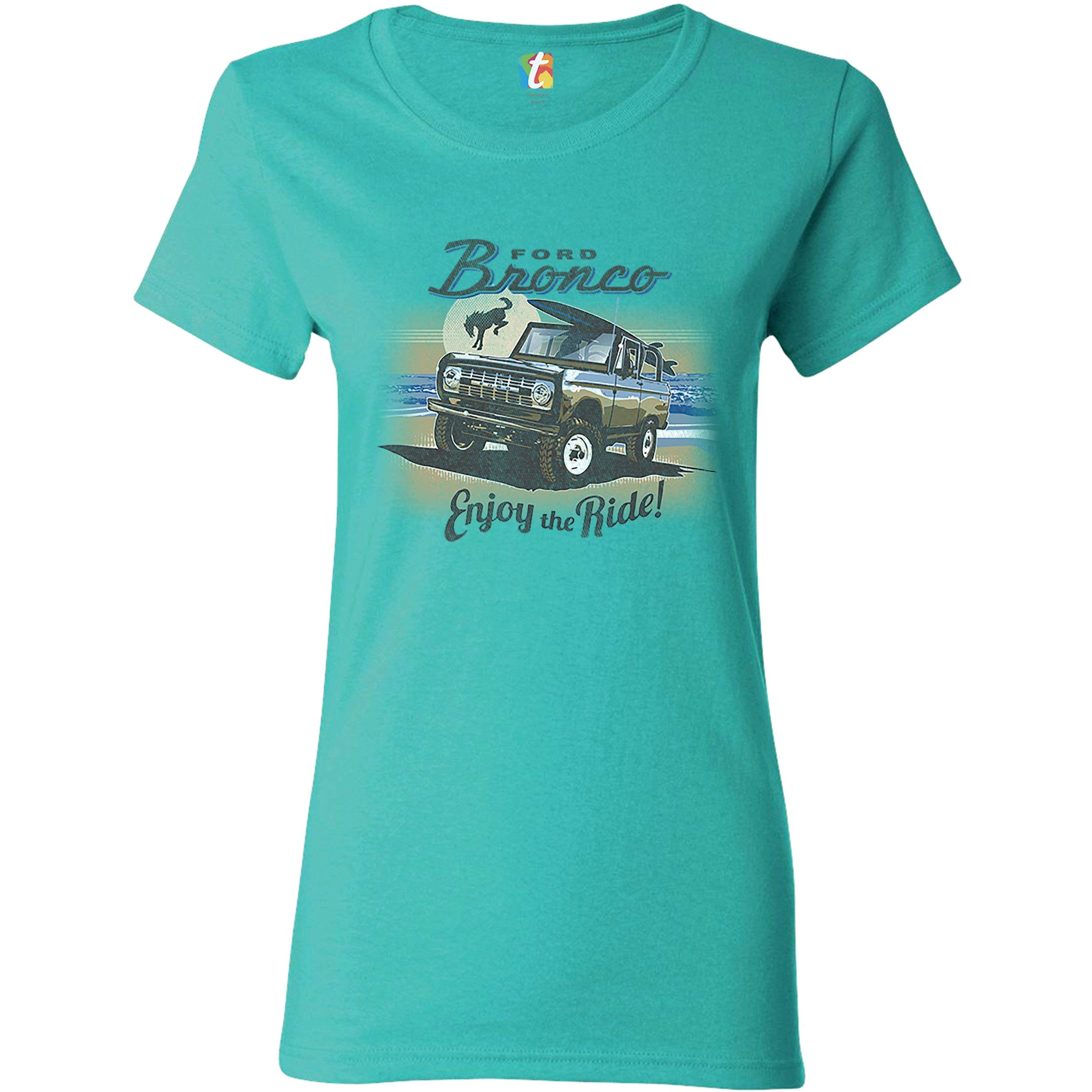 Ford Bronco Women's Novelty T-Shirt Enjoy The Ride Offroad SUV Licensed Tee Light Blue Small