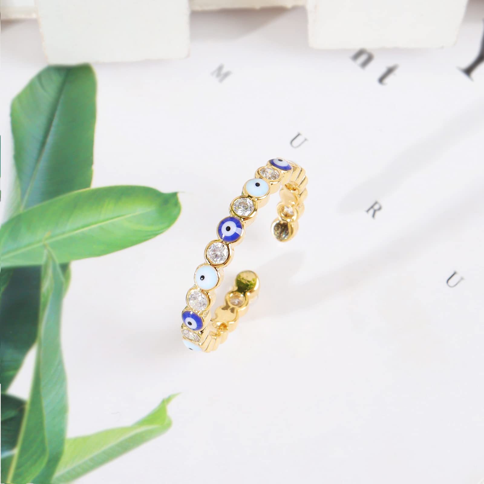 HUASAI Evil Eye Ring for Women Gold Third Eye Ring Vintage Turkish Blue Eye Ring Open Adjustable Rhinestone Ojo Ring for Protection Trendy Beads Evil Eye Ring(Gold)