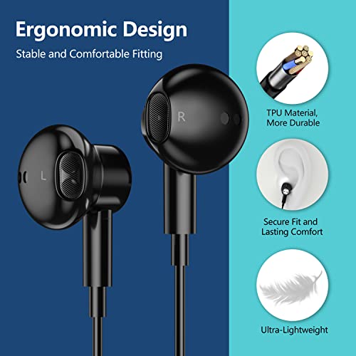 USB C Headphones for iPhone 15, YUANBAI USB C Earbuds with Microphone Noise Isolation Stereo Wired Semi in-Ear Earphones for Samsung Z Fold3 5G S21 S22 Ultra S20 FE OnePlus 9 Google Pixel 6 iPad Pro