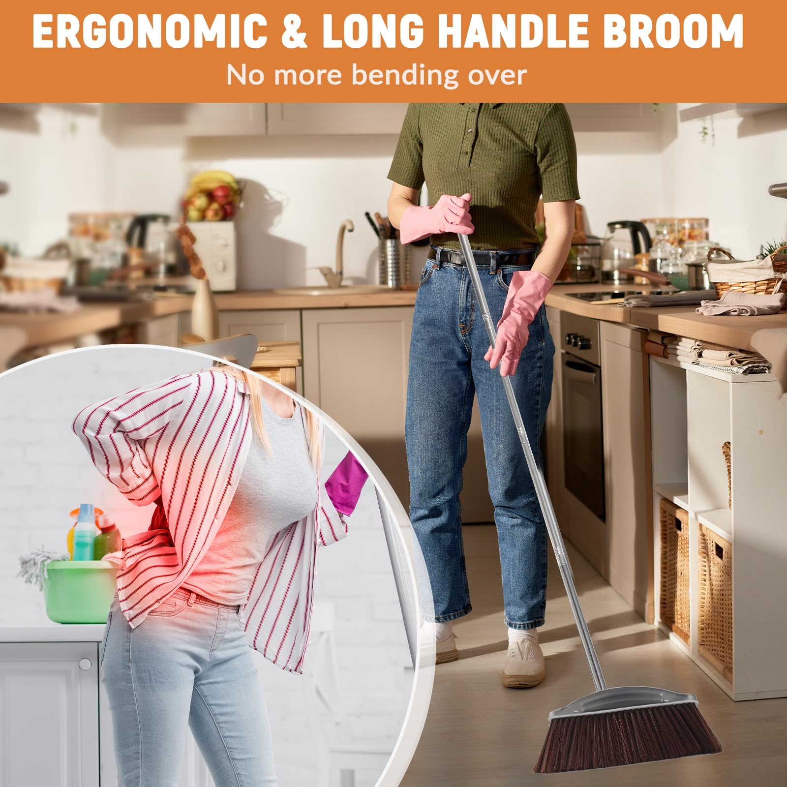 VOOWO Broom with Dustpan Combo Set, 46" Stainless Steel Broom and Dustpan Set for Home, Heavy Duty Dust Pan with Long Handle, Broom for Sweeping Indoor and Outdoor, Kitchen Broom and Dust Pan (Brown)