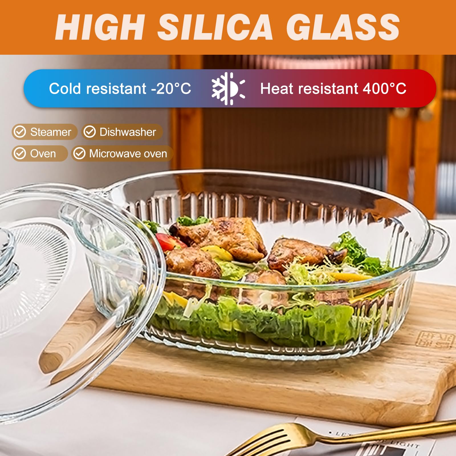 Oval Casserole Dish with Lid: Casserole Dishes for Oven with Lids, Covered Clear Glass Casserole Bakeware,1.8L or 2.8L (transparent, 2.8L)