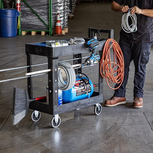 NEIKO 53051A Utility Cart, Heavy Duty 500 Pound Service cart with Wheels, 2 Deep Tray Shelf Rolling Tool Cart, Adjustable Handle Black Plastic Push Cart, Garage Mechanic Shop Cart, Non Marking Wheels