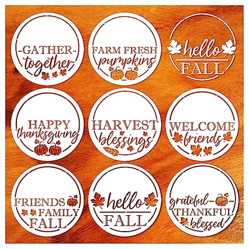 Fall Stencils for Painting On Wood 12'' Round Fall Stencil Reusable for Crafts, Hello Pumpkin Stencil Thanksgiving Autumn Happy Fall Yall Templates for Art Canvas Home Decor (8round Fall)