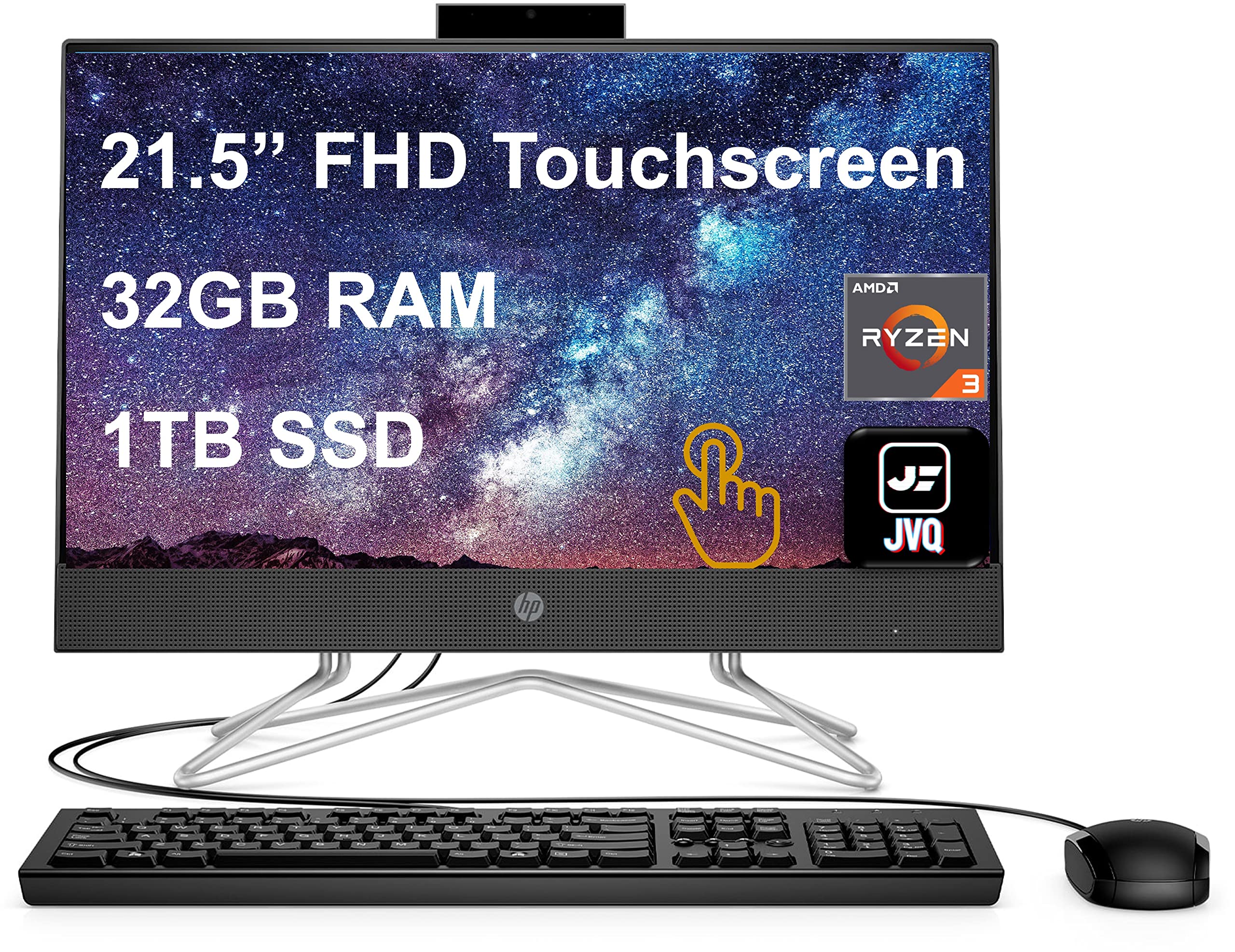 HP 22-inch All in One Desktop Computer, 21.5" FHD Touchscreen, AMD Ryzen 3 3250U Processor, 32GB Memory, 1TB SSD, Build-in Webcam, Wi-Fi, Bluetooth, Keyboard & Mouse, Windows 11 Home, Black