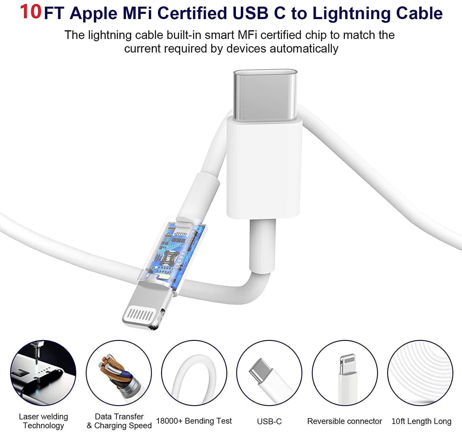 for iPhone Fast Charger,2Pack[MFi Certified] 10FT Extra Long USB C to Lightning Fast Charging Data Sync Cord with PD 20W USB C Wall Charger Travel Plug for iPhone 13 12 11 XS XR X 8 and More