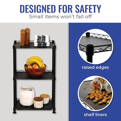 SafeRacks - NSF Certified Storage Shelves, Zinc, Heavy Duty Steel Wire Unit with Wheels and Adjustable Feet, Garage or Bakers Rack, Kitchen, Pantry Shelf - (18"x10"x30" 3-Tier) (Black)