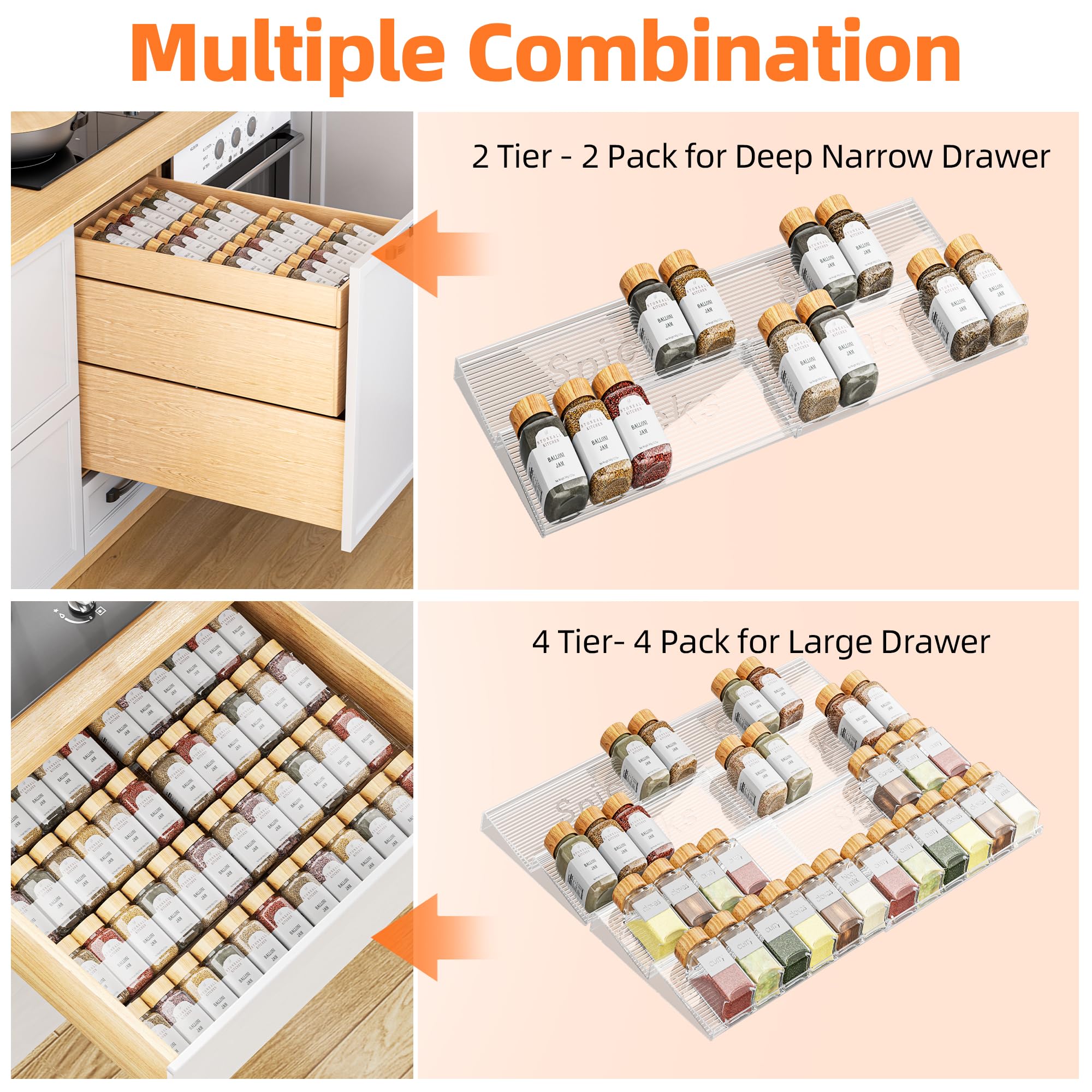 PanPanPal Spice Drawer Organizer, 4 Tier- 4 Pack Clear Acrylic Drawer Seasoning Organizer, Expandable From 11'' to 22'' Kitchen Spice Rack Organizers and Storage for Drawer (Jars not included)