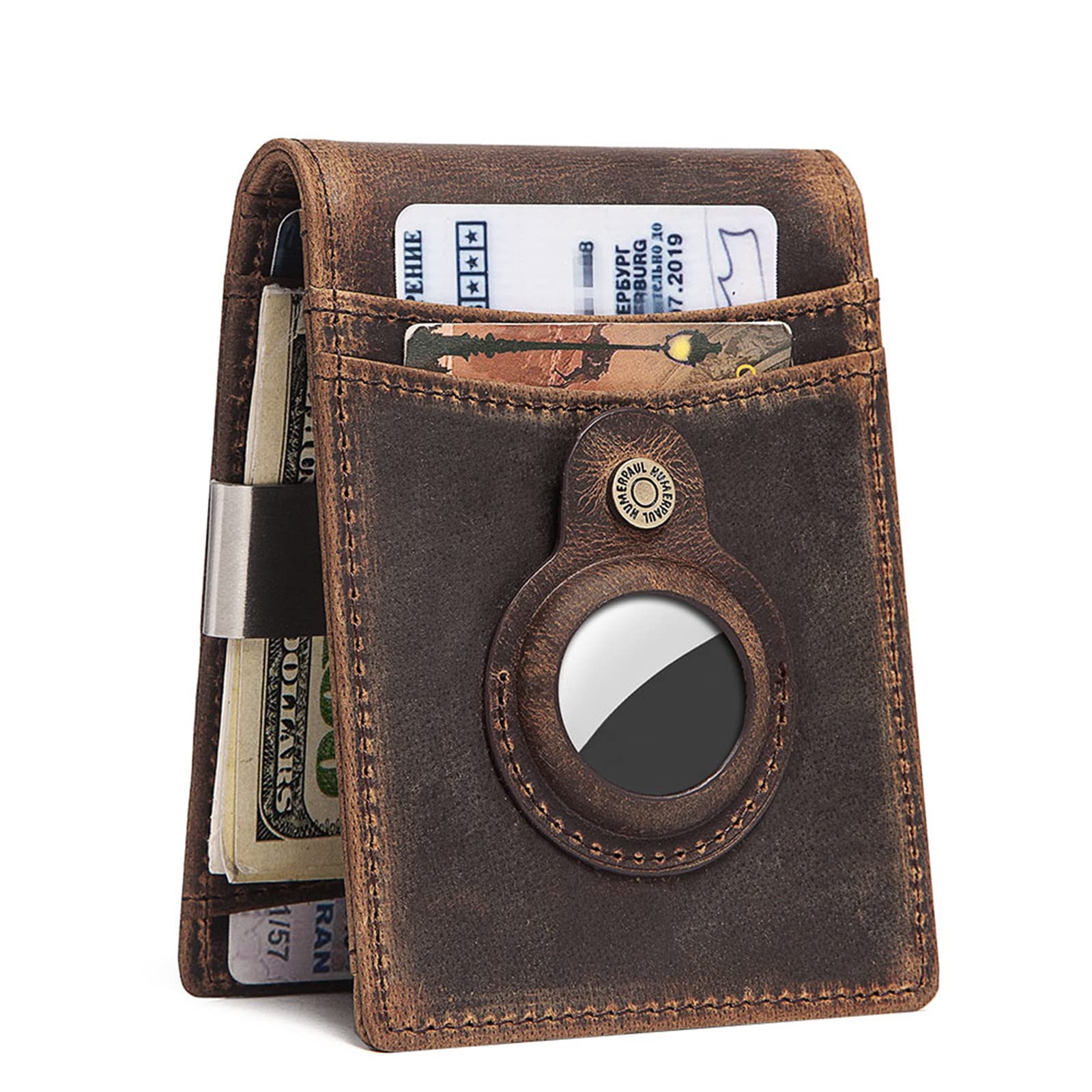 Genuine Leather Wallet for Men Women,AirTag Wallet Case Credit Card Accessories,Slim Minimalist Wallet for Air Tag GPS Tracker,RFID Blocking Bifold Purse with Built-in Holder Money Clip,Brown