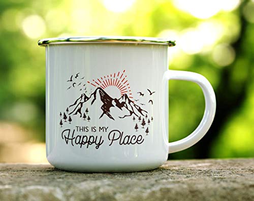 Loftipop This is My Happy Place Enamel Campfire Mug, Mountain Camping Coffee Cup, Nature Outdoor Hiking Camp Lover Gift (12oz)