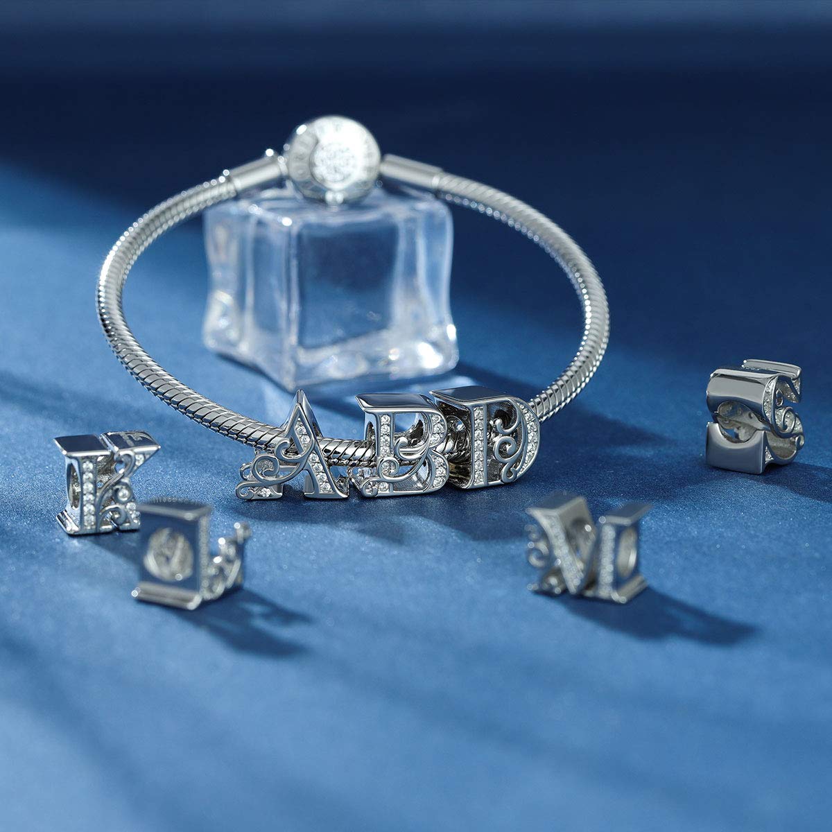 FOREVER QUEEN Initial A Charms 925 Sterling Silver Letter A-Z Charms for Snake Chain Bracelet Necklace Alphabet Beads
