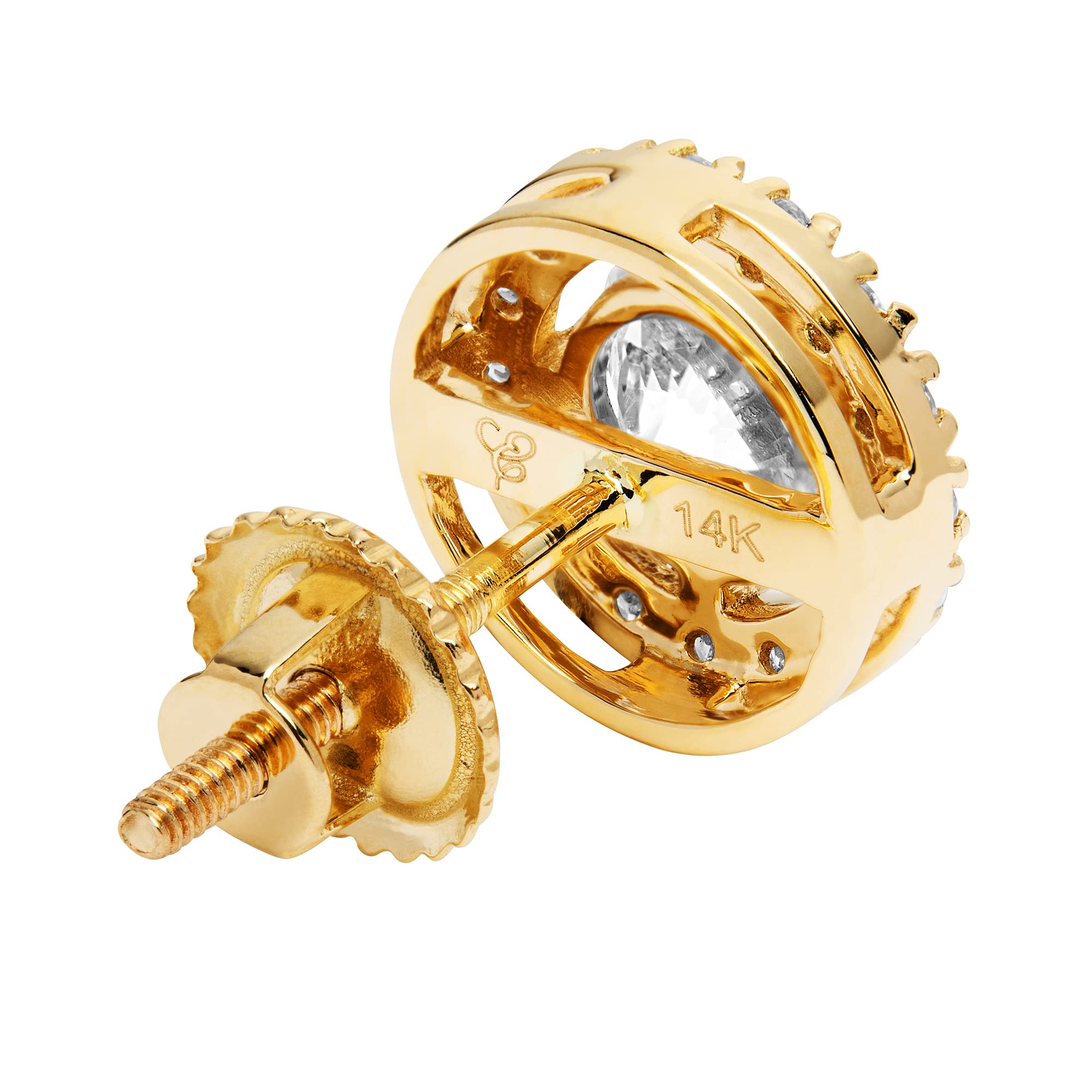 Everyday Elegance 14K Solid Yellow Gold Stud Earrings Round "Halo" Cubic Zirconia Screw Back Posts 1.20 CTW With Gift Box